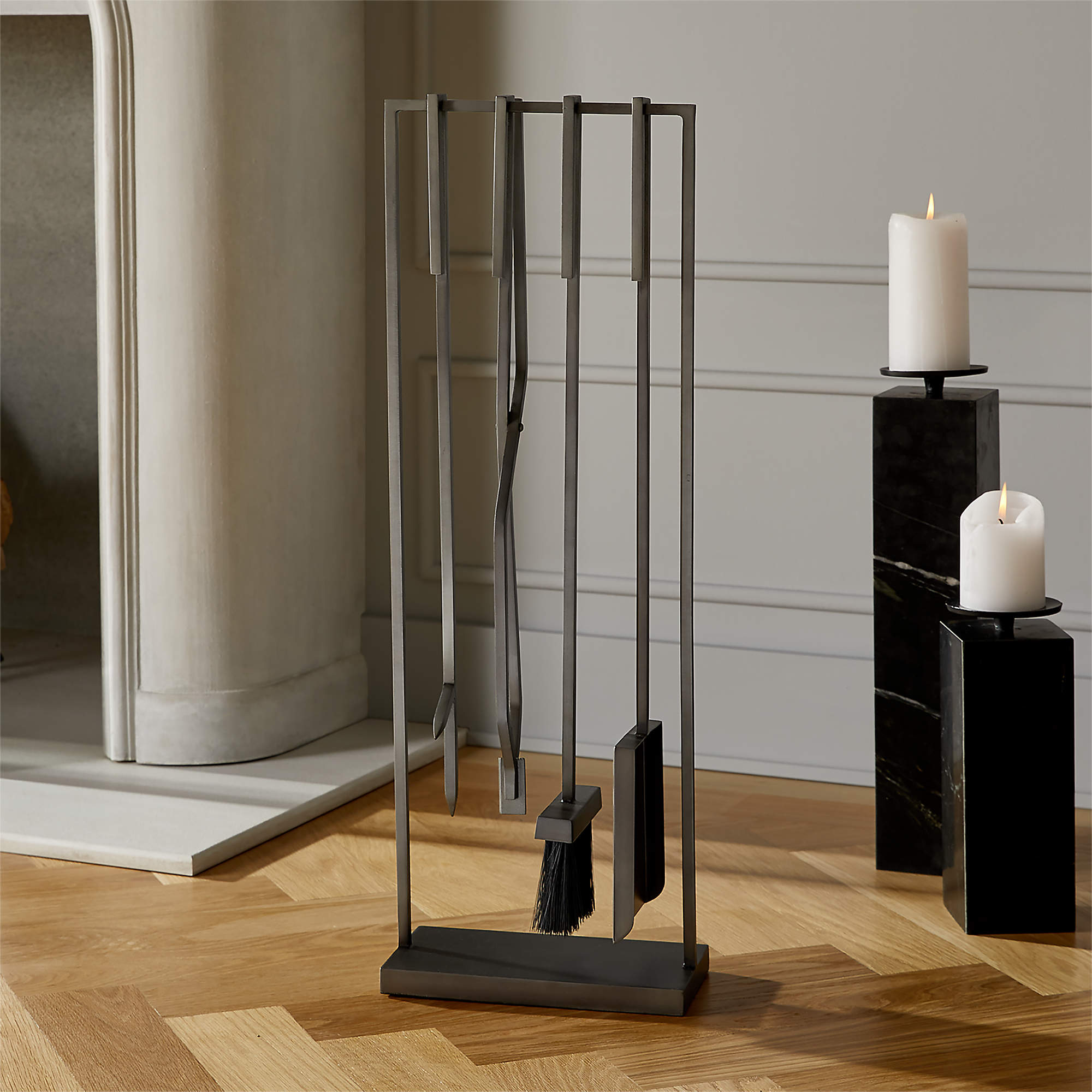 4-Piece Bend Raw Steel Standing Fireplace Tool Set | CB2