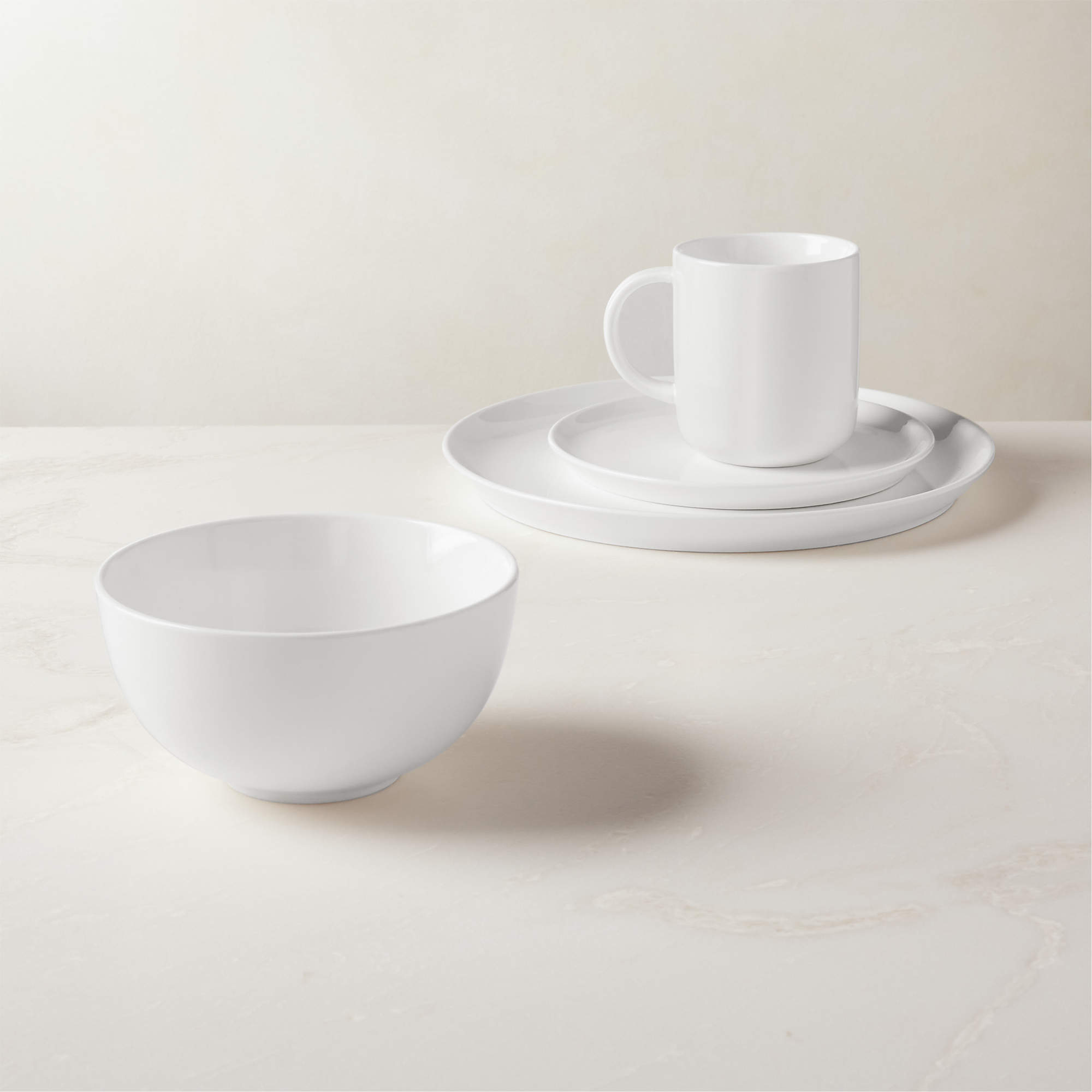 Contact Modern 4-Piece White Dinnerware Set with Soup Bowl + Reviews | CB2 Canada