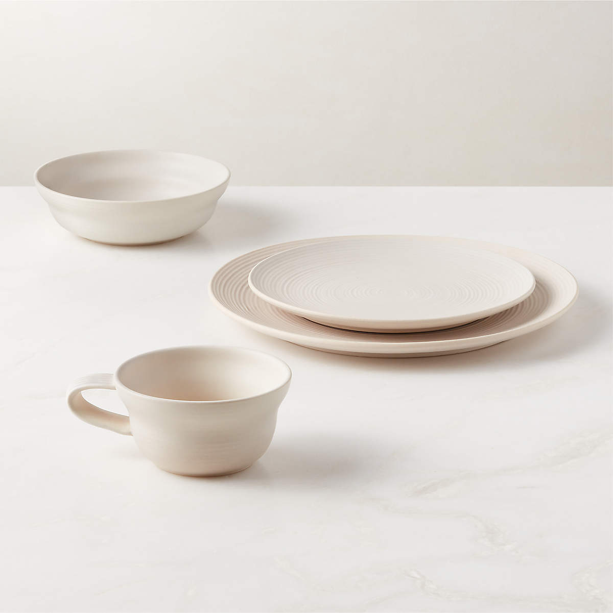 Downtown 4-Piece Light Grey Dinnerware Set with Soup Bowl + Reviews | CB2