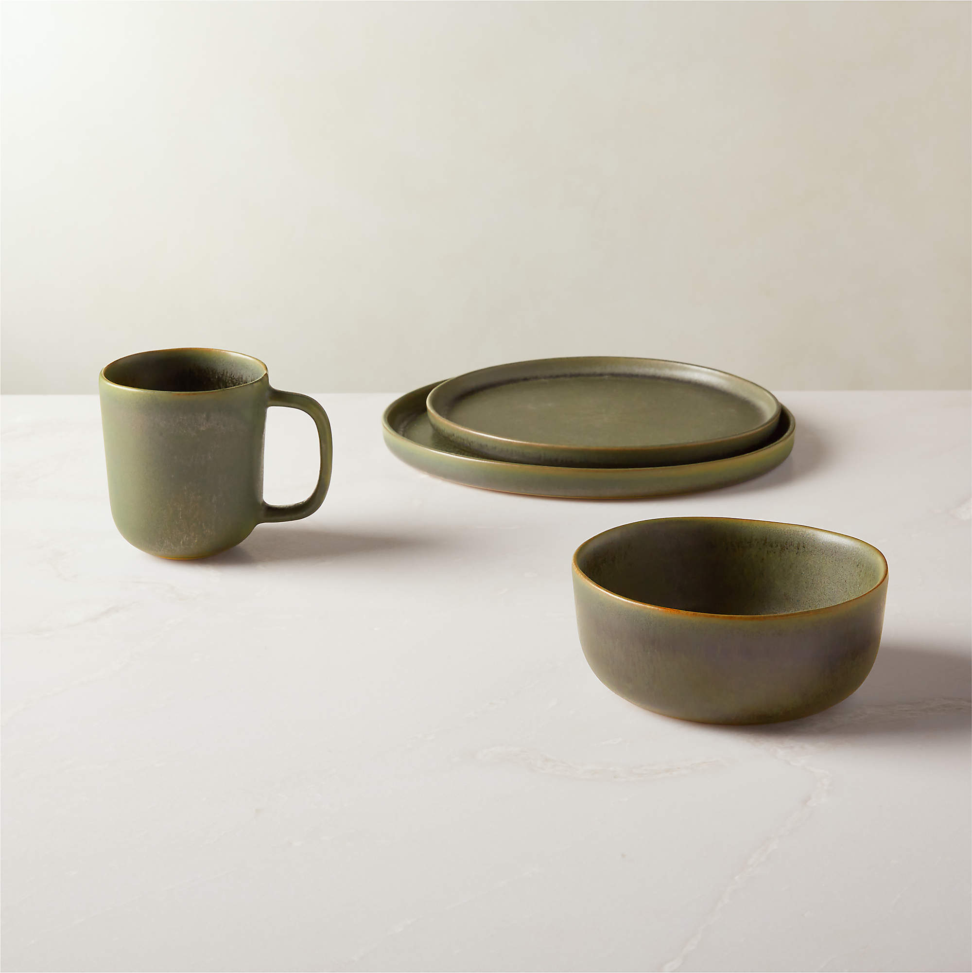 Drift Modern 4-Piece Green Dinnerware Set with Soup Bowl + Reviews | CB2