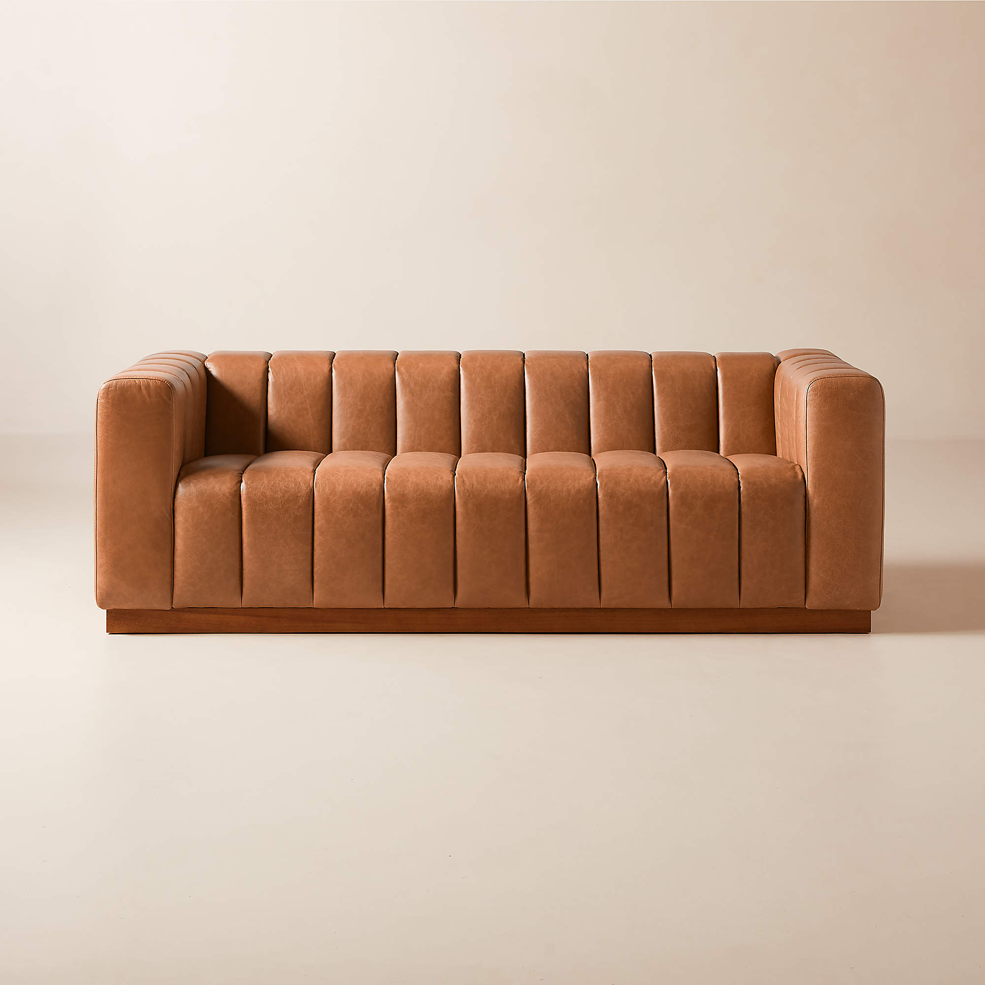 Forte 81" Channeled Saddle Leather Sofa with Walnut Base | CB2
