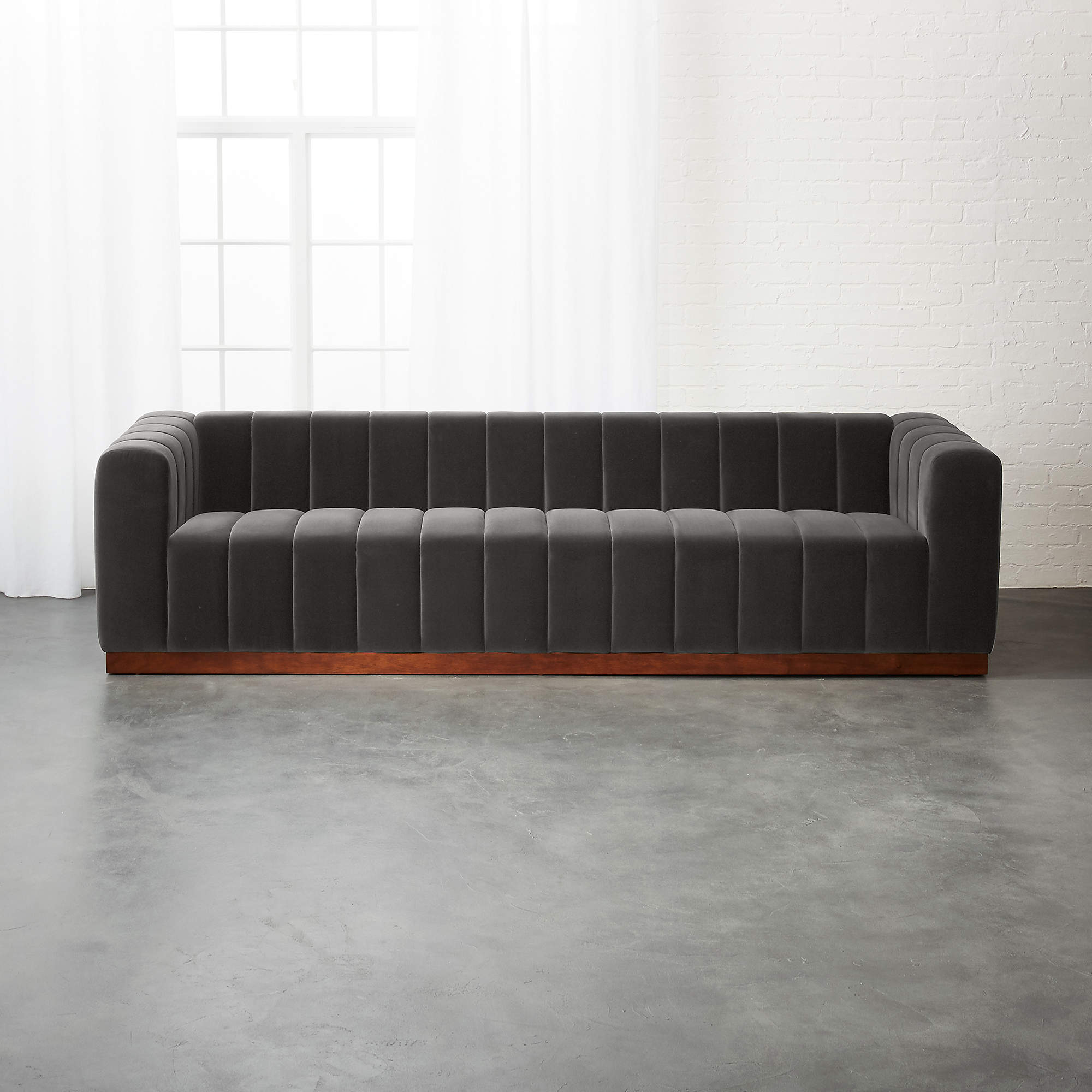 Forte 101" Extra-Large Channeled Sofa with Walnut Base | CB2
