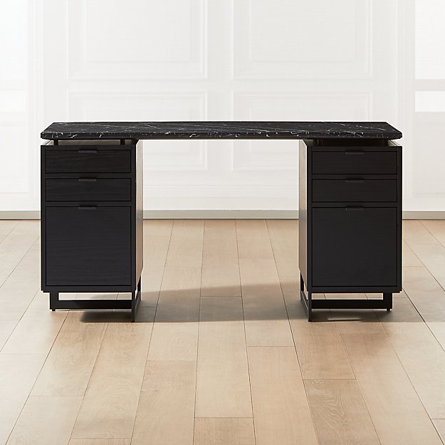 Fullerton Modern 6 Drawer Black Oak Wood Desk with Black Marble Top Reviews CB2