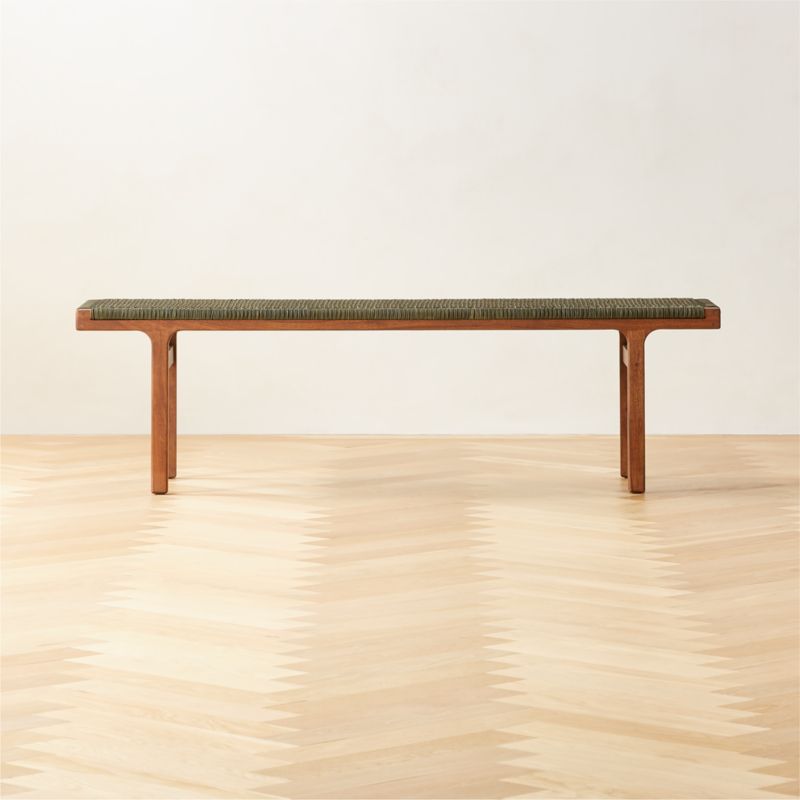 Large Green Leather Woven Bench | CB2