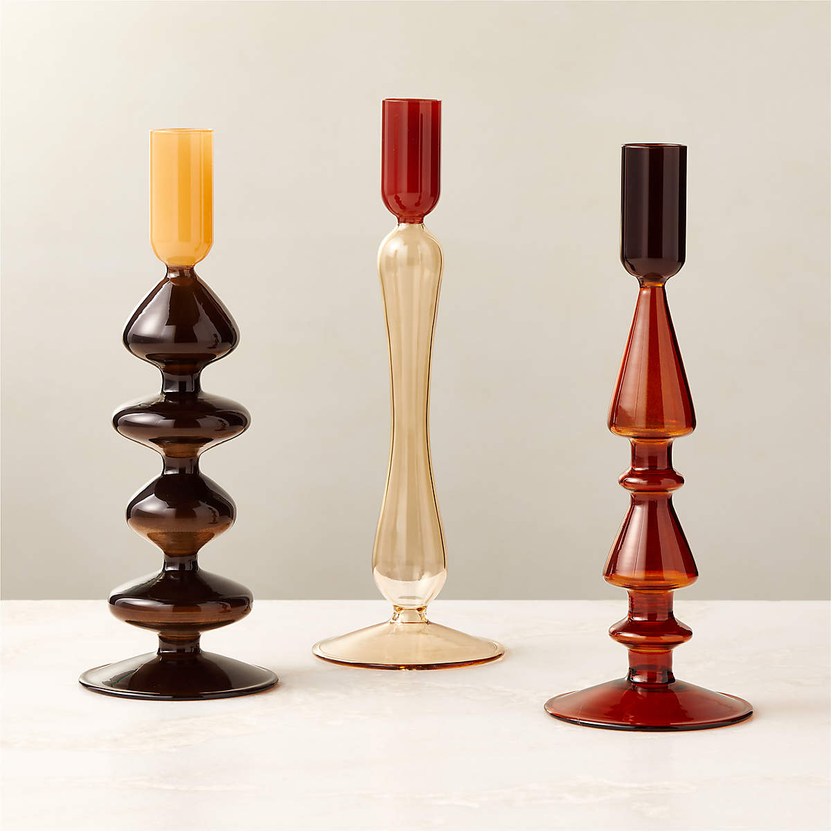Kava Warm Toned Glass Taper Candle Holders Set of 3 + Reviews | CB2