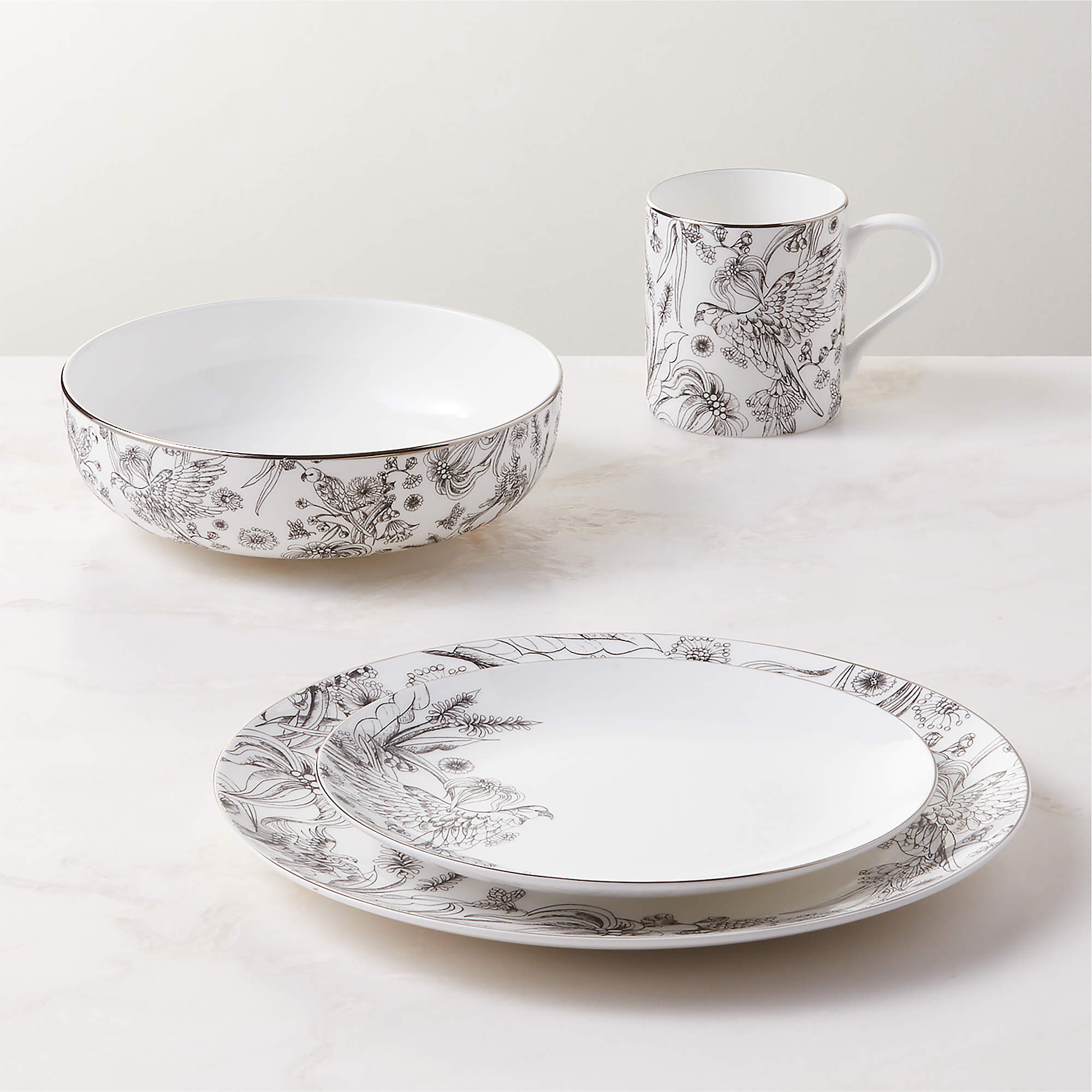 Le Paradis 4-Piece White and Silver Dinnerware Set with Pasta Bowl | CB2