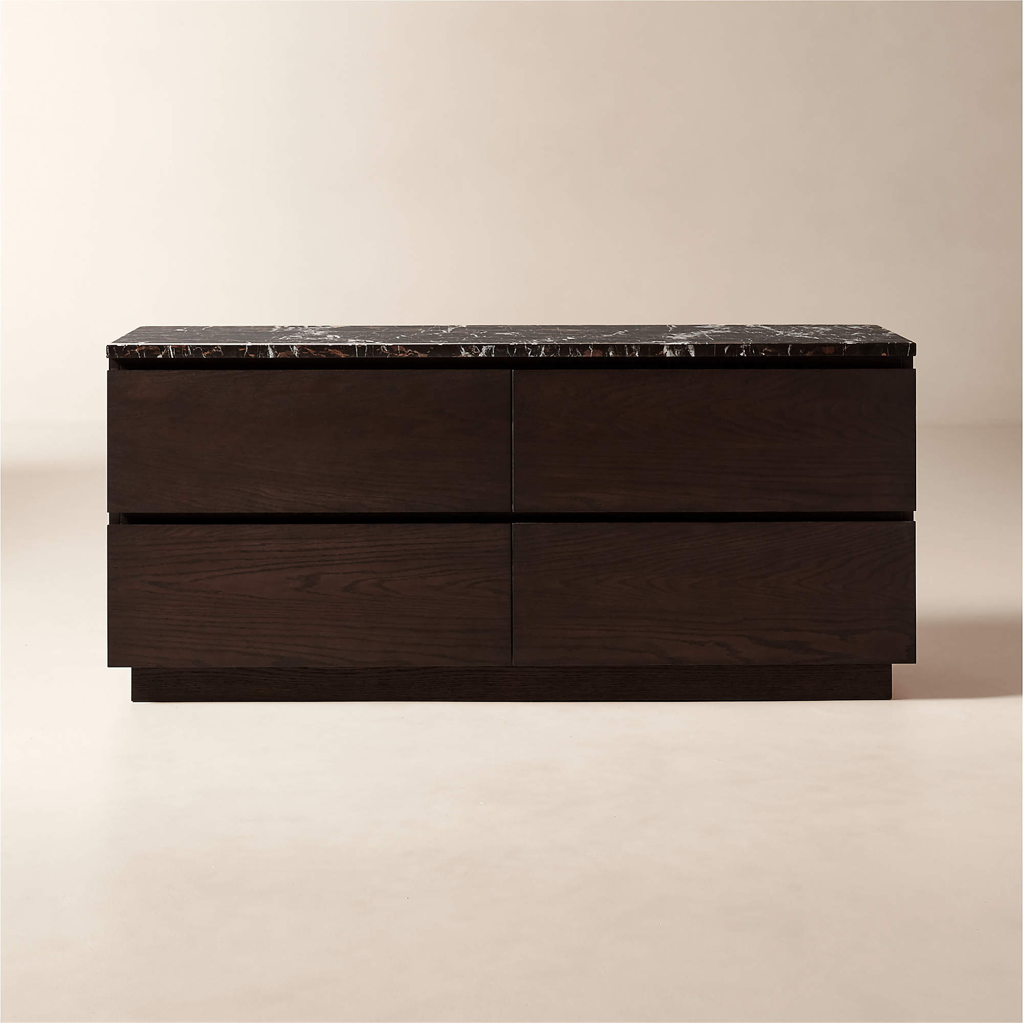 Logan 4 Drawer Oak Wood and Marble Low Dresser | CB2