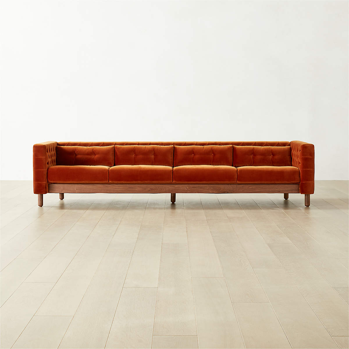 Marconi Modern 4-Seater Tufted Rust Velvet Sofa + Reviews | CB2