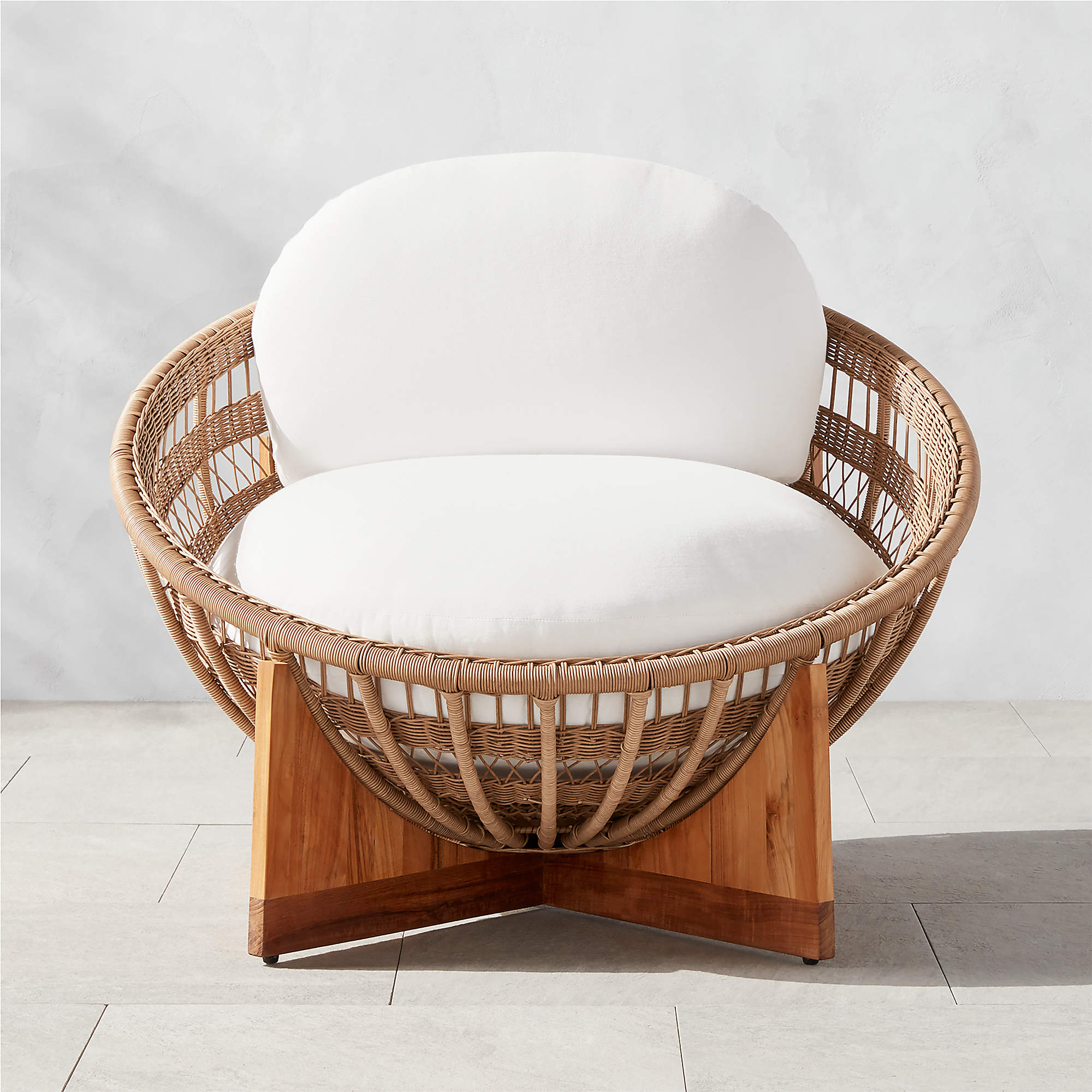 Masha Modern Rattan and Teak Outdoor Lounge Chair with White Sunbrella ...