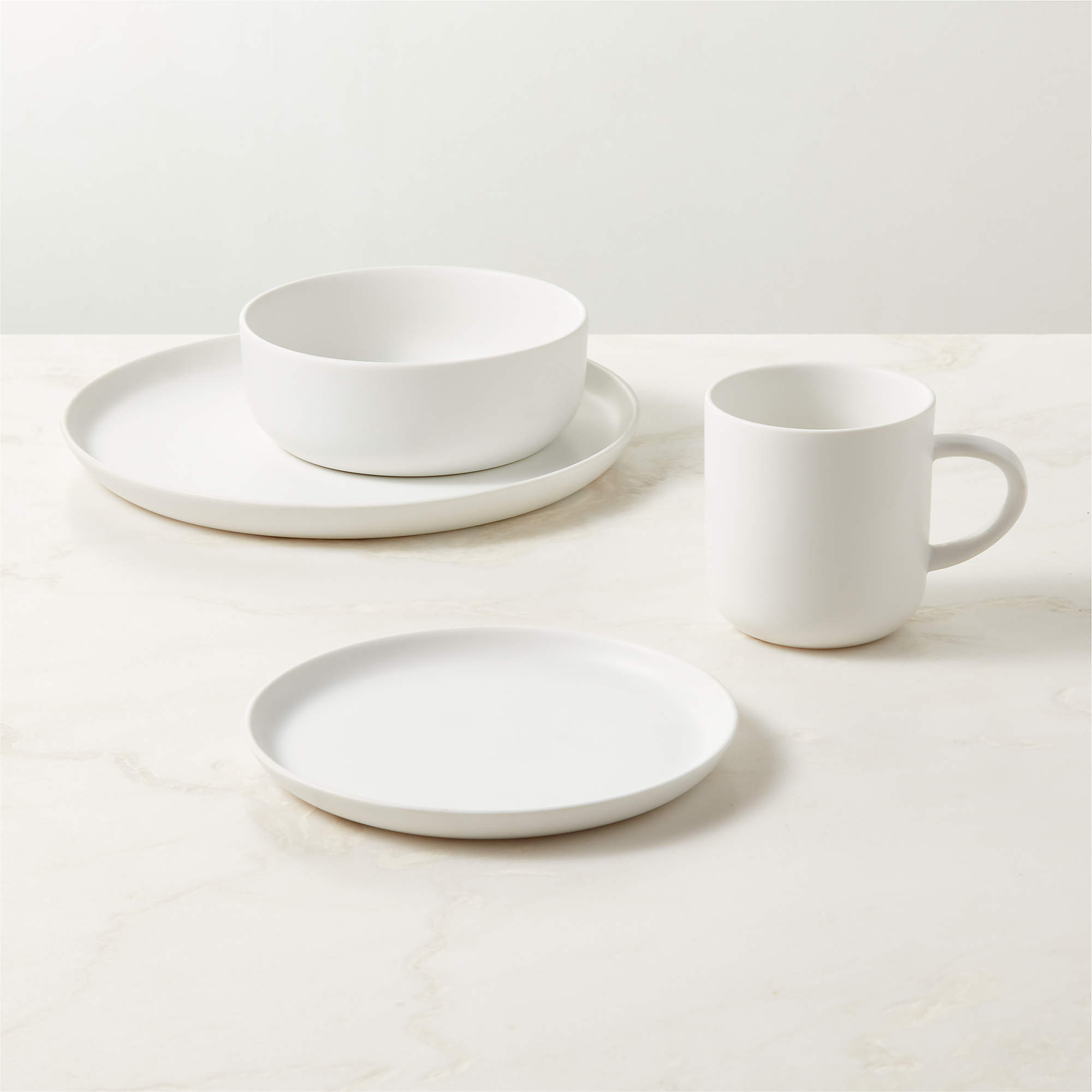 Mori 4-Piece Matte White Dinnerware Set with Soup Bowl | CB2 Canada