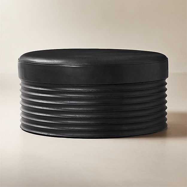 Mozambique Black Leather and Acacia Wood Ottoman CB2