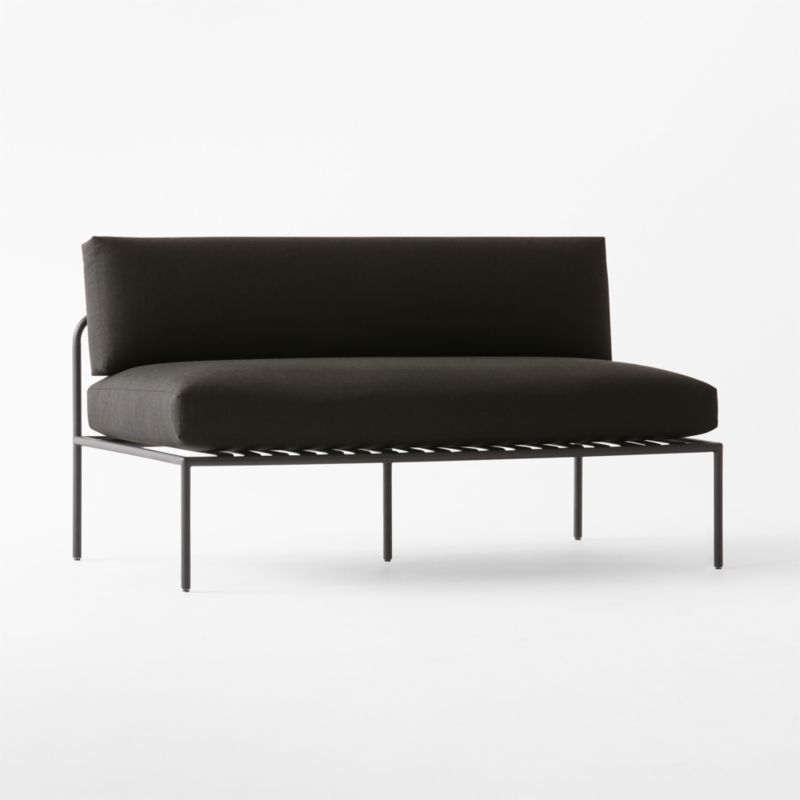 Navene Black Metal Outdoor Loveseat with Black Cushions + Reviews | CB2