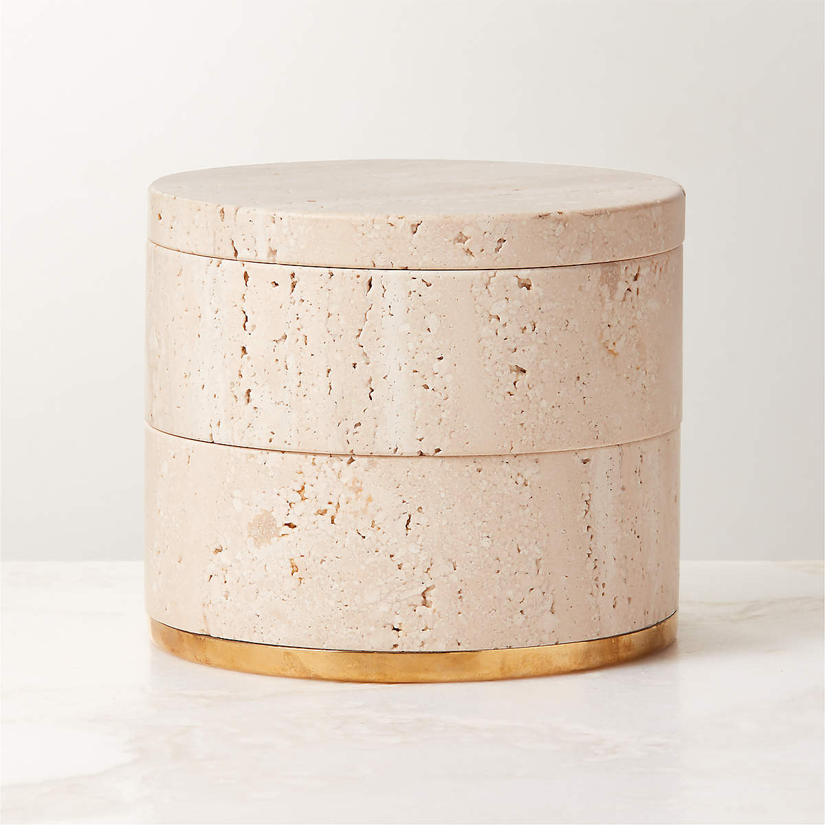 Pierce Unlacquered Brass and Travertine Two-Tier Storage Box | CB2