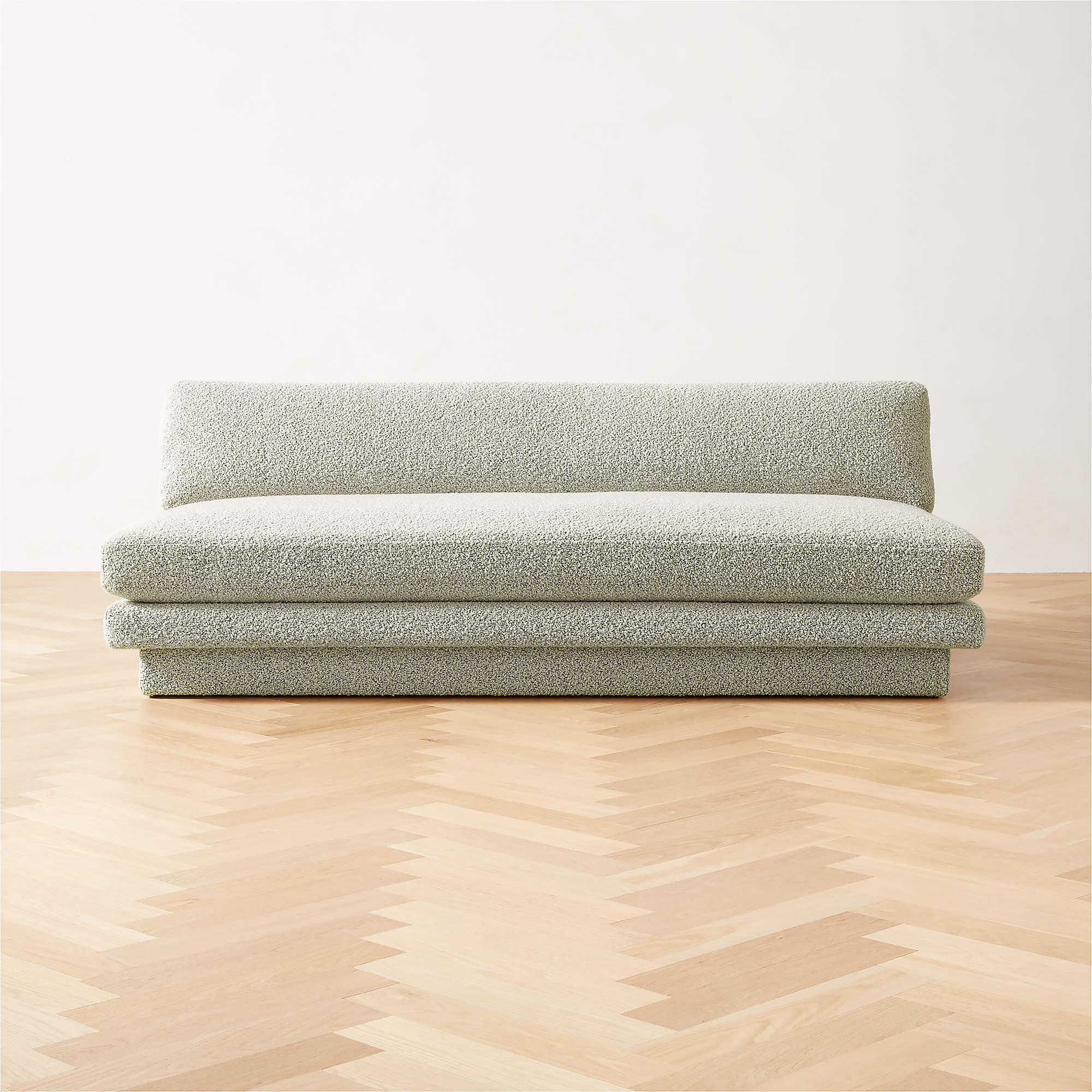 Plinth Modern Armless Peppered Grey Boucle Sofa + Reviews | CB2