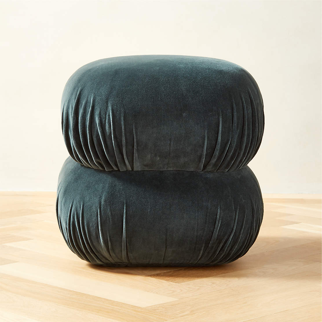 Ruched Dark Beige Velvet Pouf + Reviews | CB2