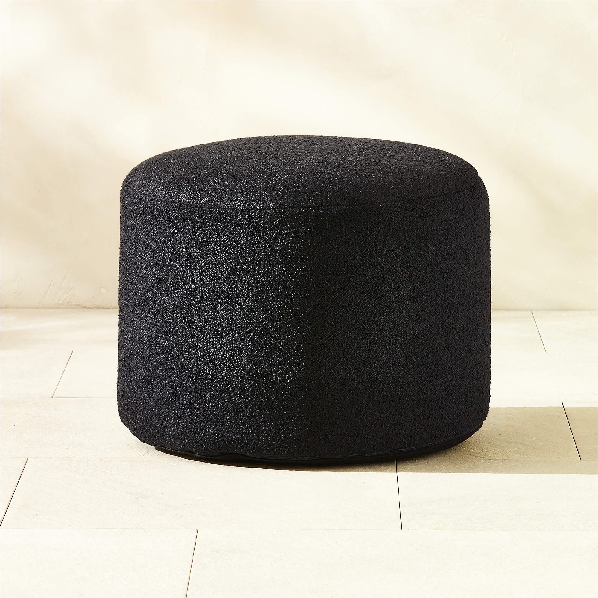 Silves Black Boucle Outdoor Pouf 24" + Reviews | CB2