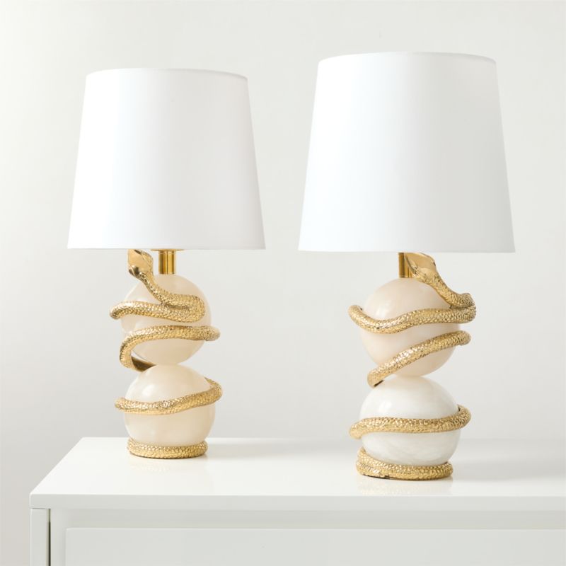 Tiger Snake White Alabaster Table Lamp with Cotton Shade | CB2