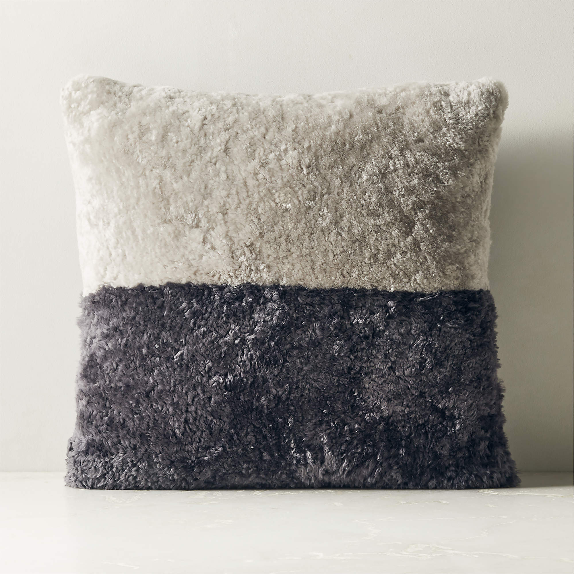 Two-Tone Grey Shearling Throw Pillow with Down-Alternative Insert 20" | CB2