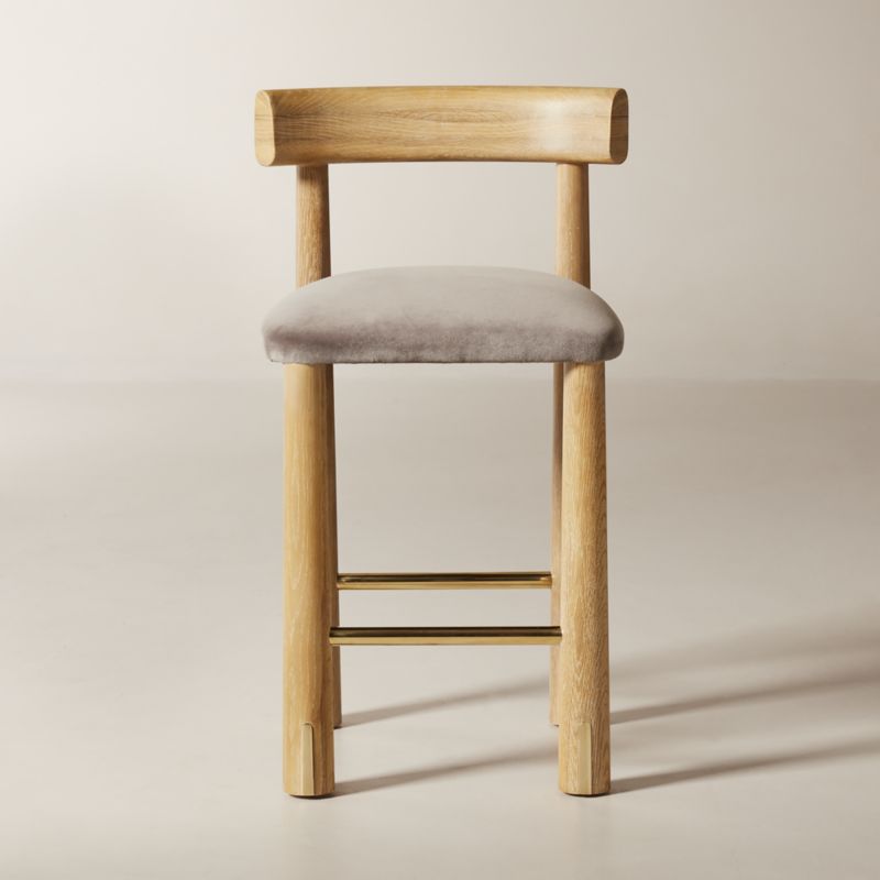 Perle Grey Performance Velvet and Oak Wood Counter Stool by goop | CB2